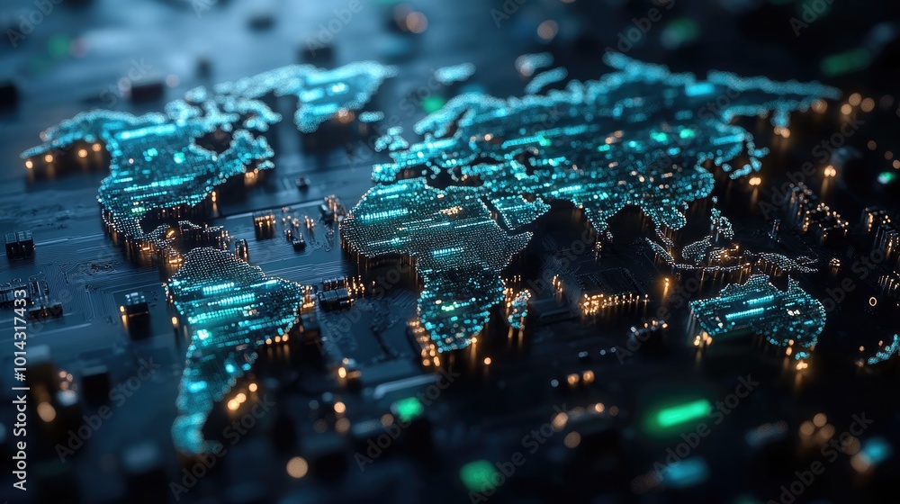 Tech geography: world map crafted from microchips, global ...