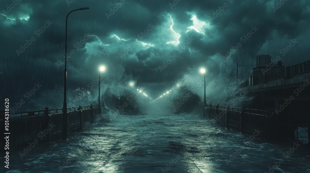 Cyberpunk style, seawater pouring in, tsunami, bridge slammed by waves ...