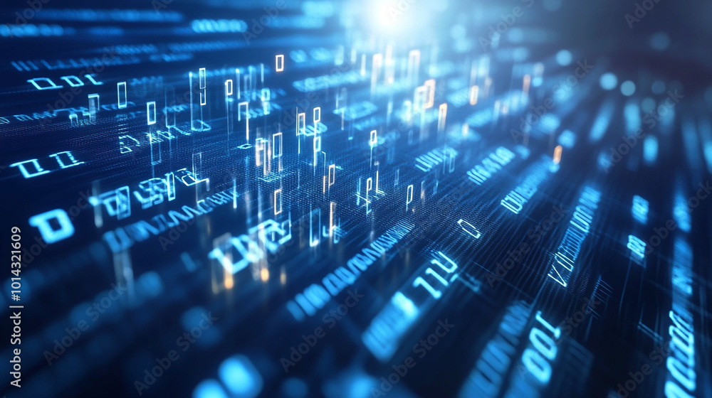 Technology background with binary code and blue light effects, Close-up of blue-tinted computer ...