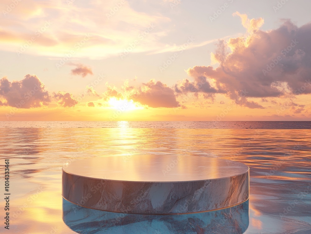 2408 16.A luxurious podium stand floating in a crystal-clear infinity ...