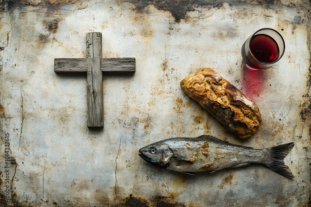 Bread, wine and holy cross as a concept of Jesus feeding multitudes ...