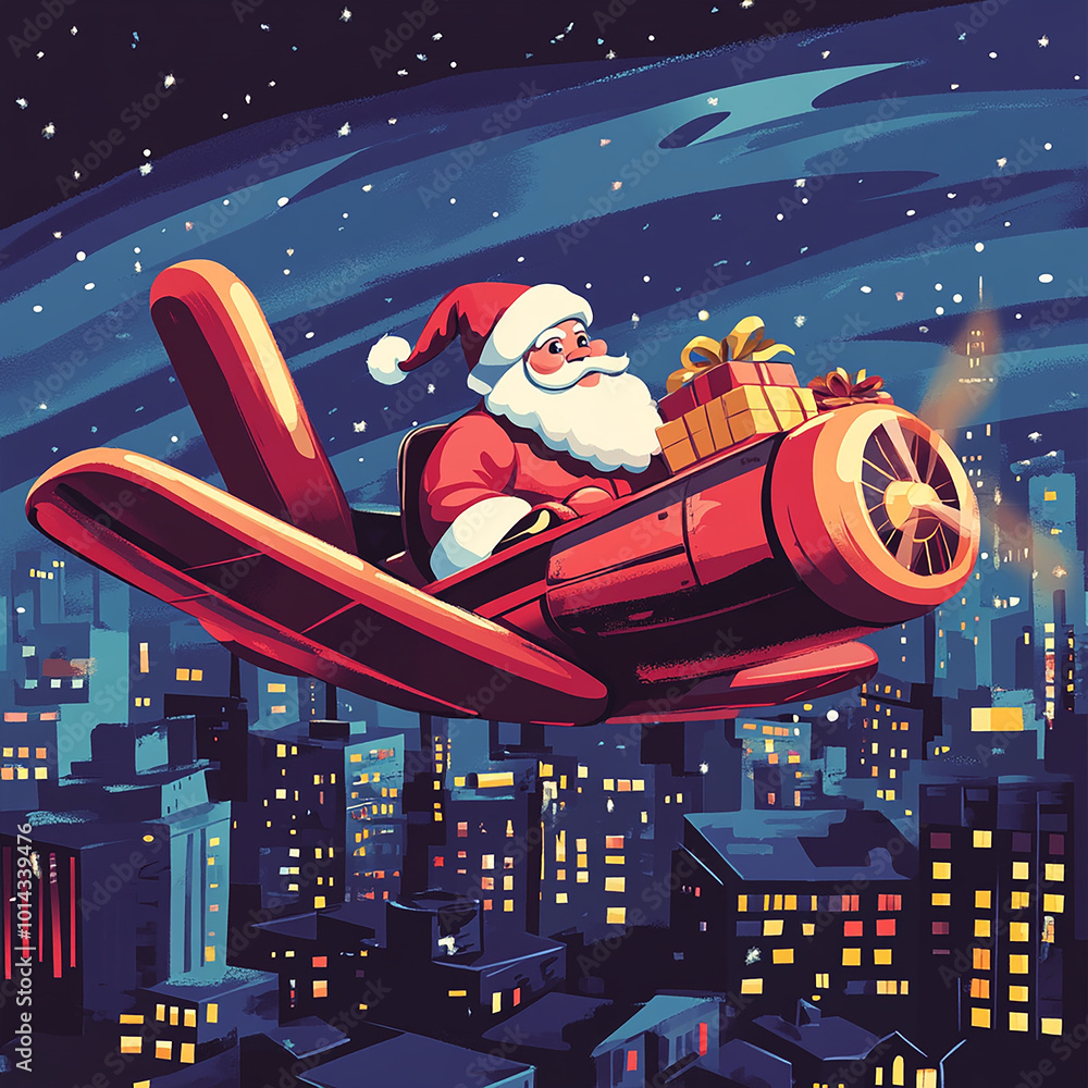 Santa Claus flies in a high-speed retro airplane delivering gifts in the night sky above the ...