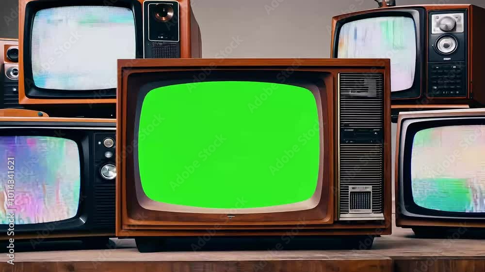 vintage television installation retro TVs displaying static noise color ...
