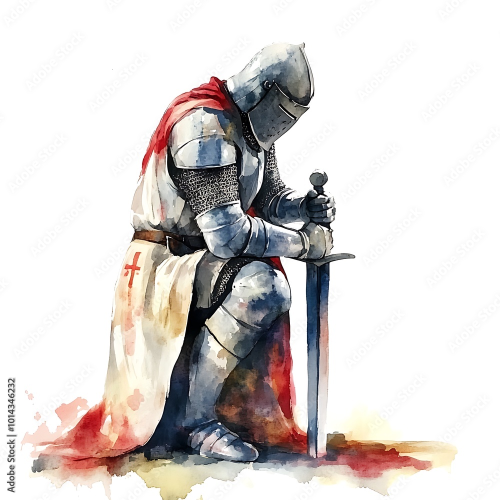 Medieval Knight Kneeling in Prayer with Sword. Stock Illustration ...