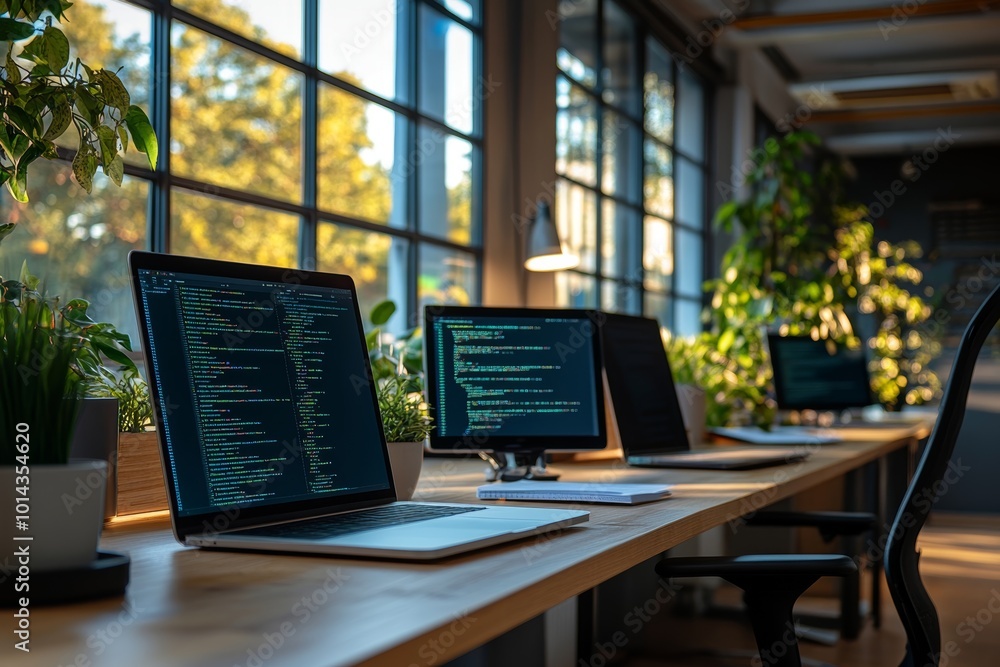 Background shot of programmer desk setup with laptop and computer screens displaying source code ...