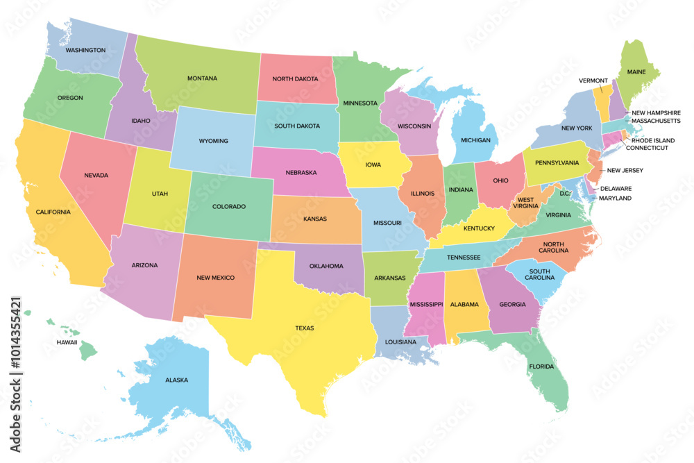 The United States of America, multi colored political map with the ...