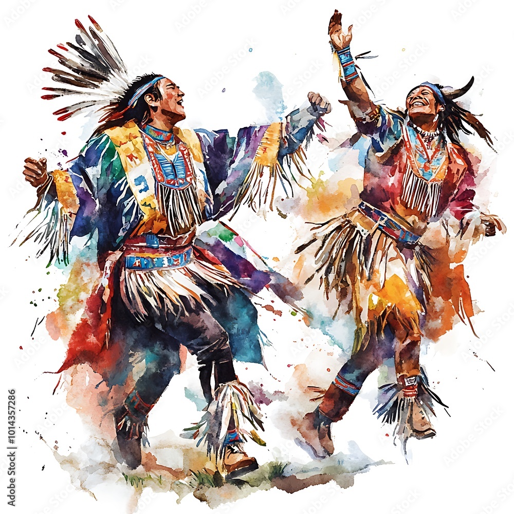 Native American Men Dancing in Traditional Regalia. Stock Illustration ...