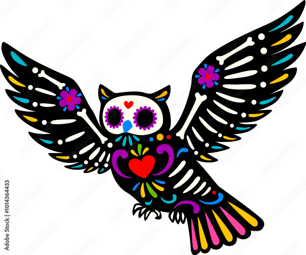 Dead Halloween skeleton, Mexican day of the dead owl bird animal tattoo. Vector flying owl sugar ...