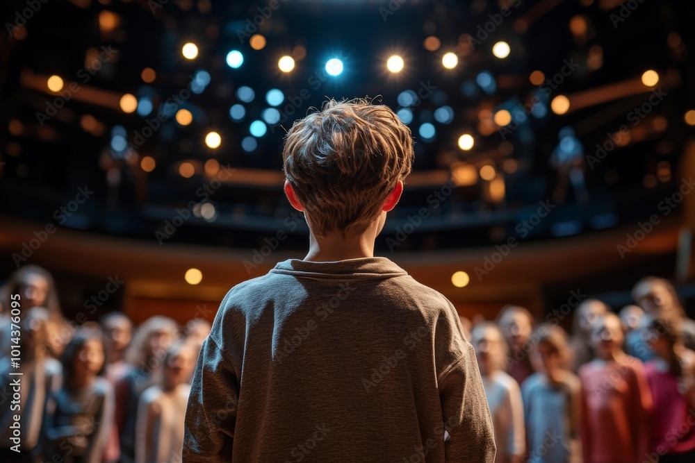 Over shoulder view of school drama teacher directing group of kids ...