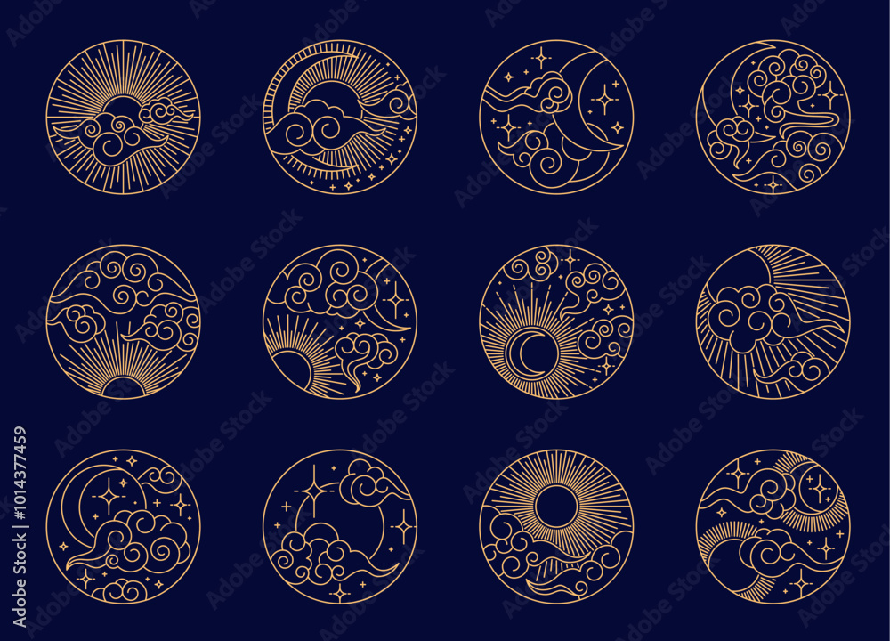 Oriental Chinese, Korean or Japanese sun and moon patterns with clouds ...