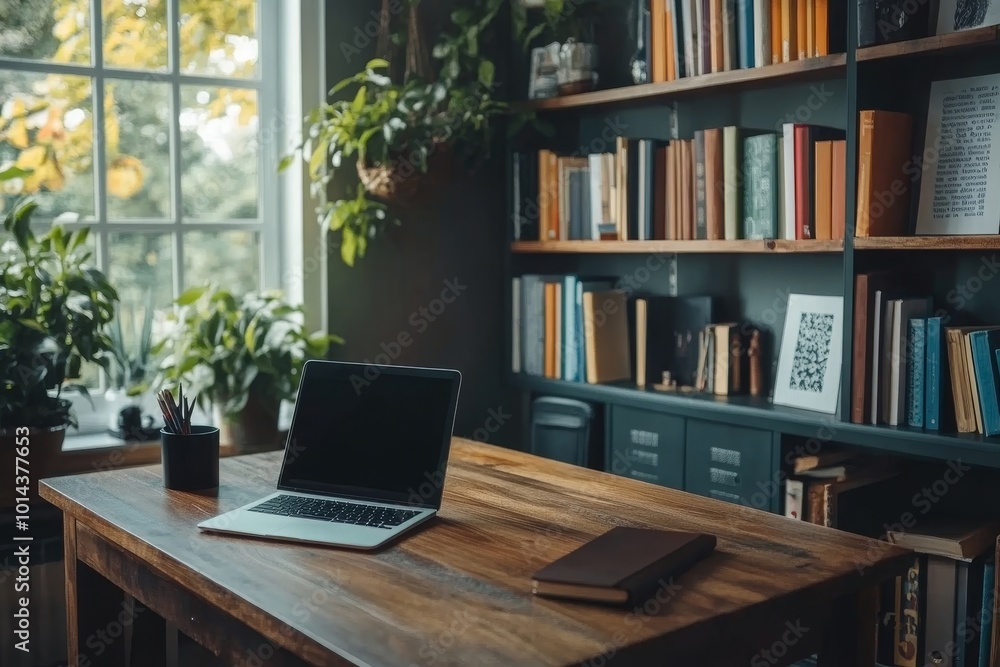 Part of students home office interior with wooden table and laptop ...