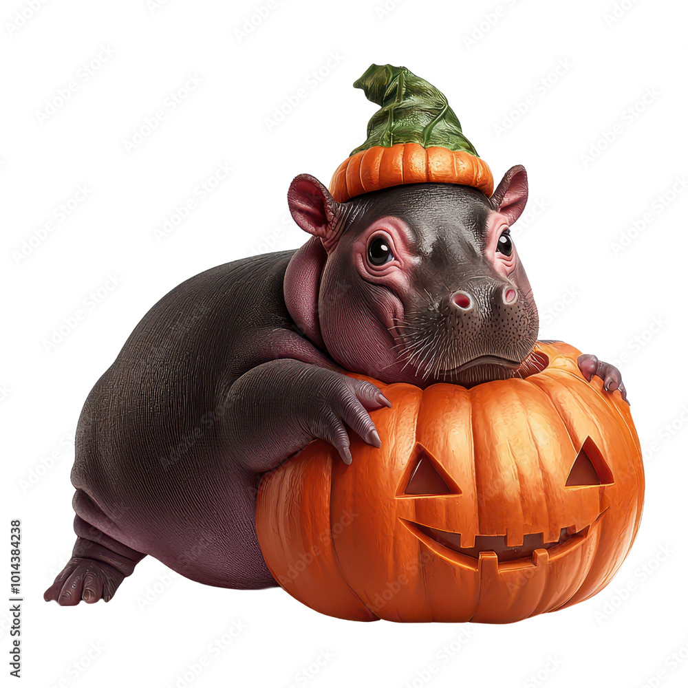Baby pygmy hippo holding a carved jack-o-lantern pumpkin for Halloween with transparent ...