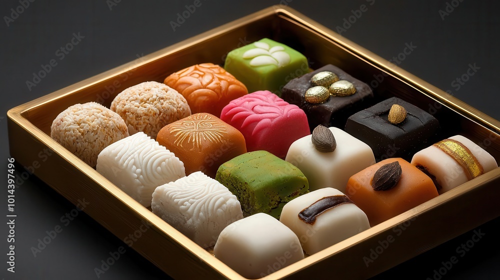 Assorted Diwali sweets presented in a golden tray, including laddus ...