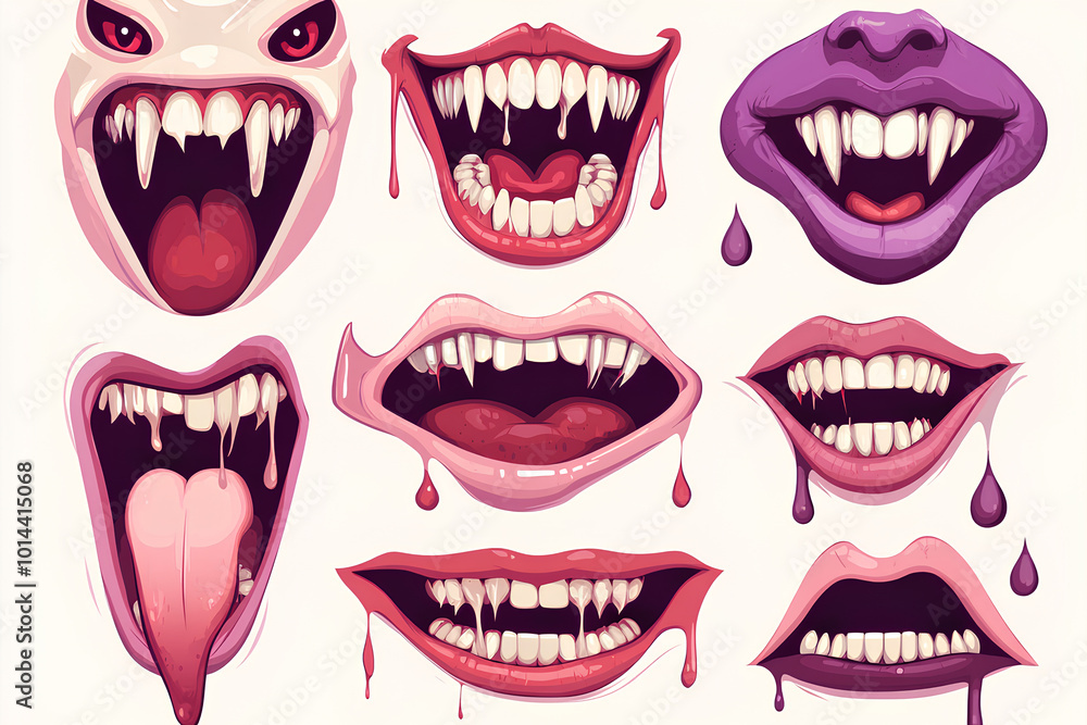 Halloween monster mouths, teeth and tongues cartoon vector set. Scary ...