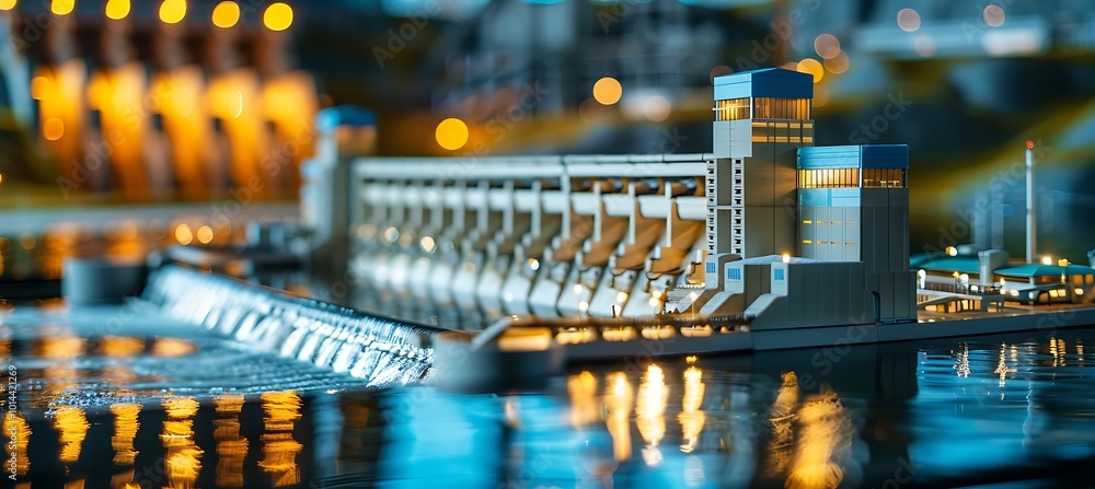 An intricate prototype model of a hydroelectric dam presented on a ...