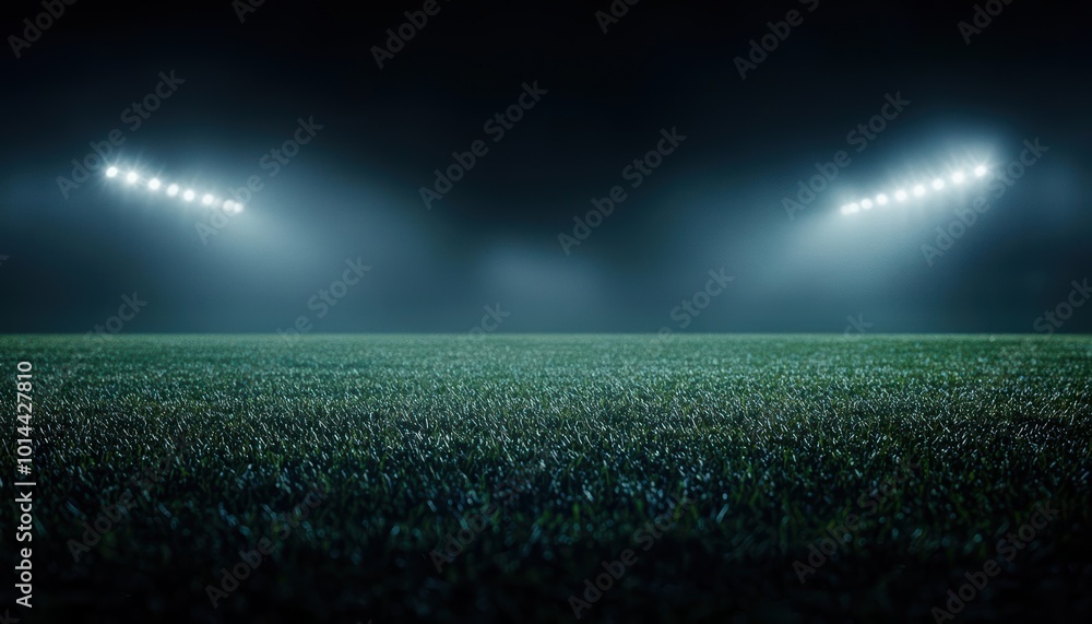 Illuminated football field at night with a misty atmosphere and bright ...