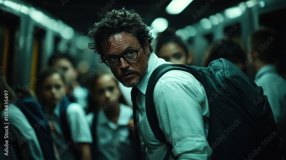 An introspective man with tousled hair and glasses stands in a bustling ...