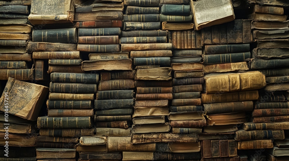 Ancient tomes collection, a textured wall of worn leather-bound books ...
