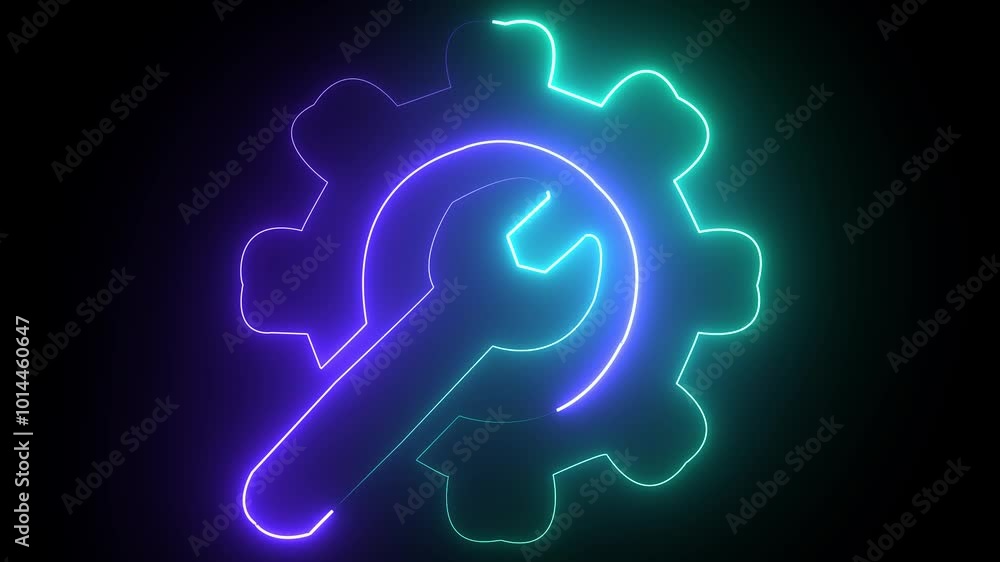 Bright cyan and blue neon setting. Neon spinning gear animation on ...