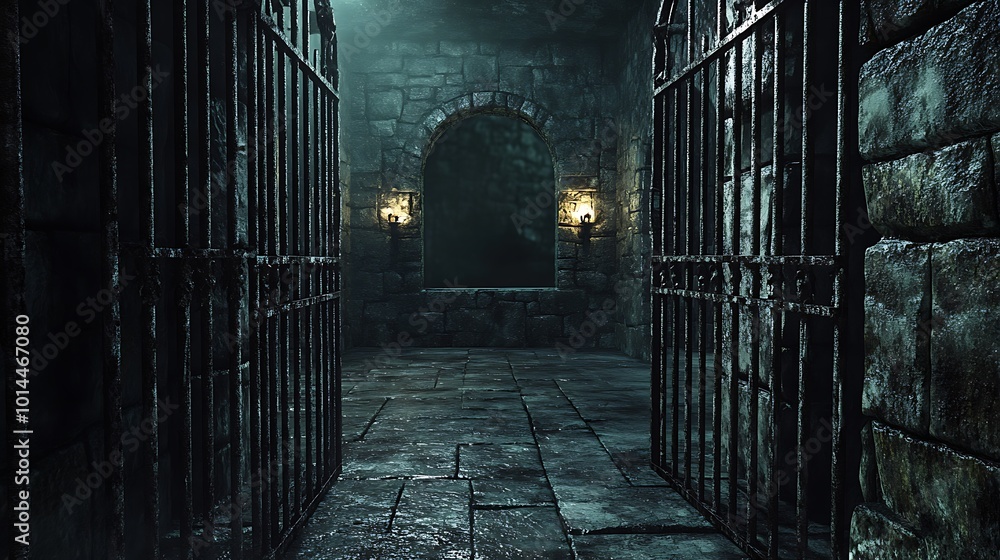 A dark and mysterious hallway in a medieval dungeon, with two sets of ...