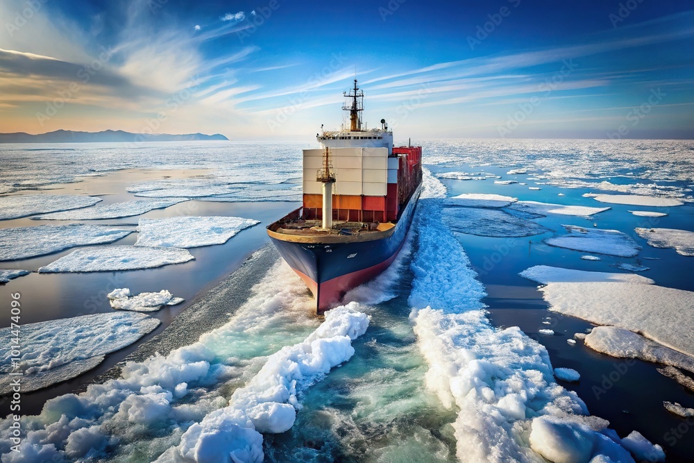 Cargo ship sailing through icy waters with broken ice at a tilted angle ...