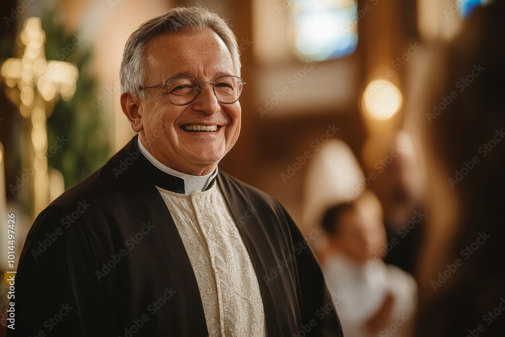 Smiling senior priest in formalwear greeting people in church while ...