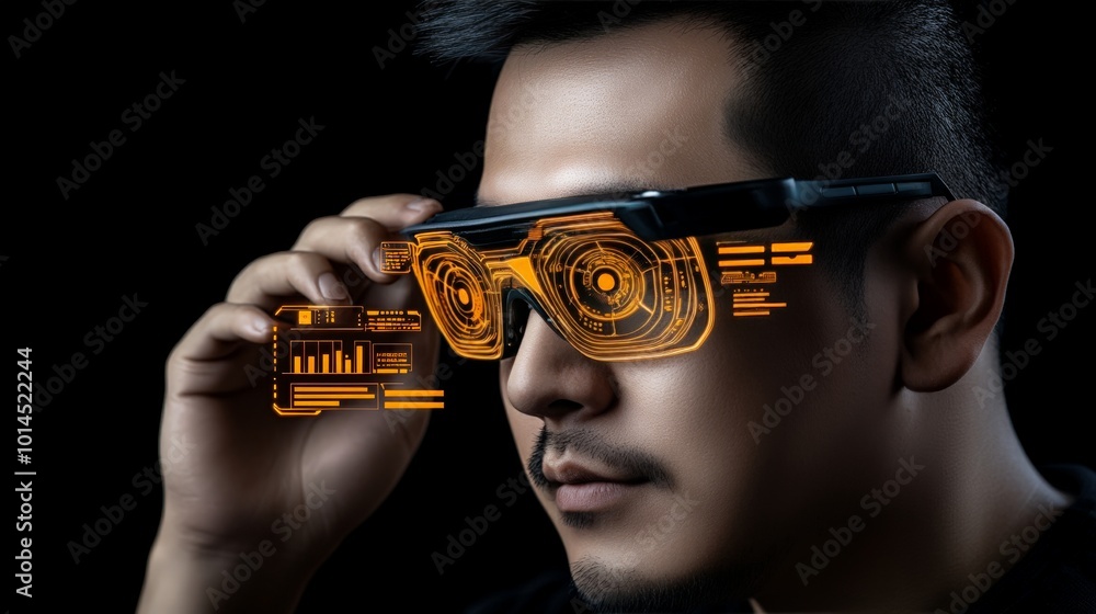 Futuristic Vision: A man wearing futuristic goggles with a glowing ...
