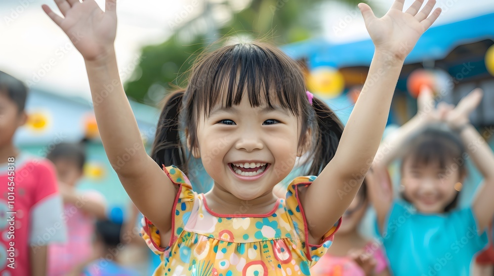Strength and Joy: Happy Asian Child Showing Her Strong Arms with ...