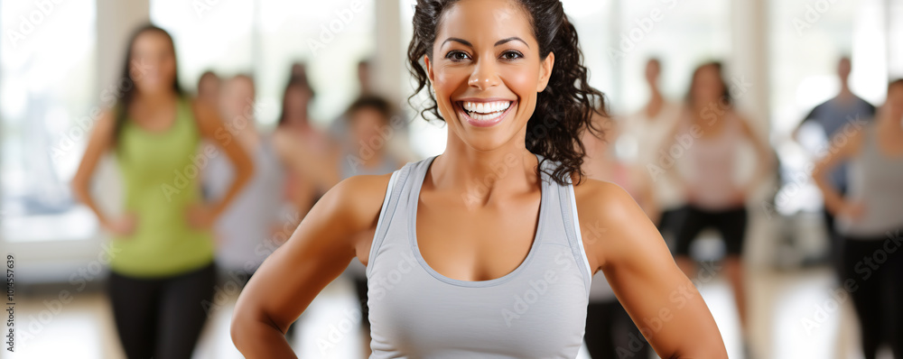 Fitness instructor leading a lively dance class in a brightly lit ...