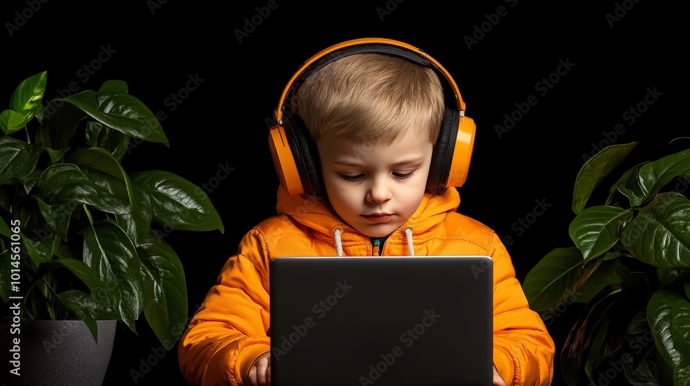 Young Gamer Immersed: A young boy, wearing bright orange headphones and ...