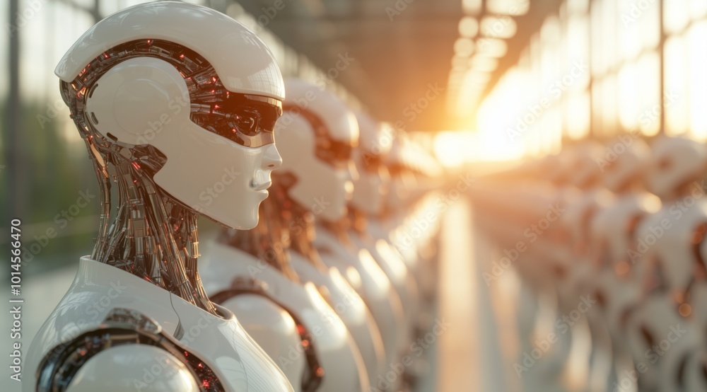 A row of robots with their heads turned to the right. The robots are ...