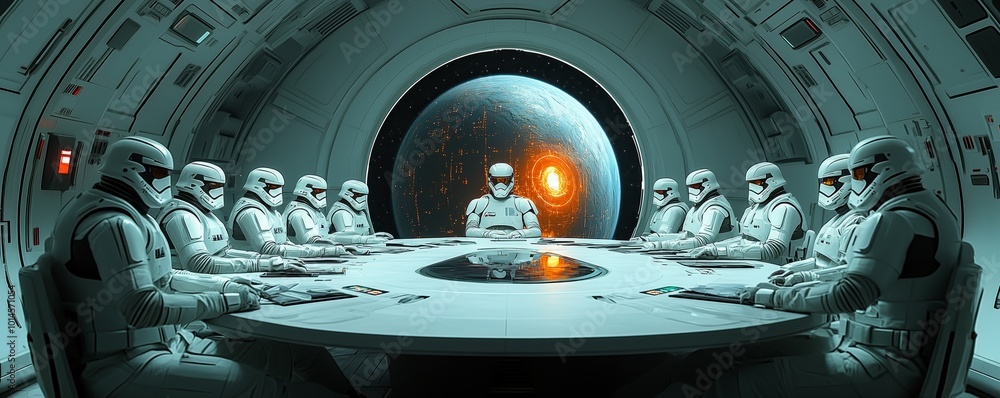 A group of space marines are sitting around a table in a spaceship. The ...