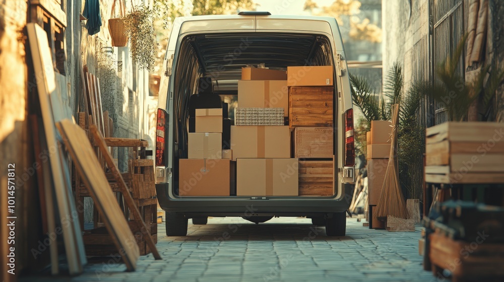 A van filled with moving boxes and household furniture, representing ...