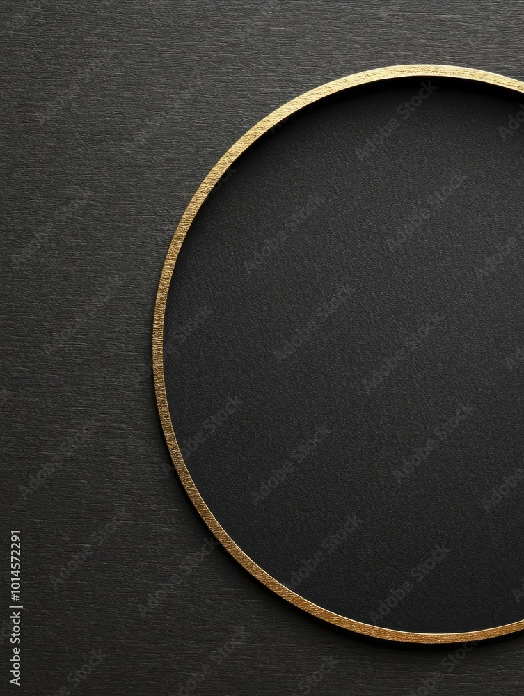 Black circular shape with a thin gold rim on a dark textured background ...