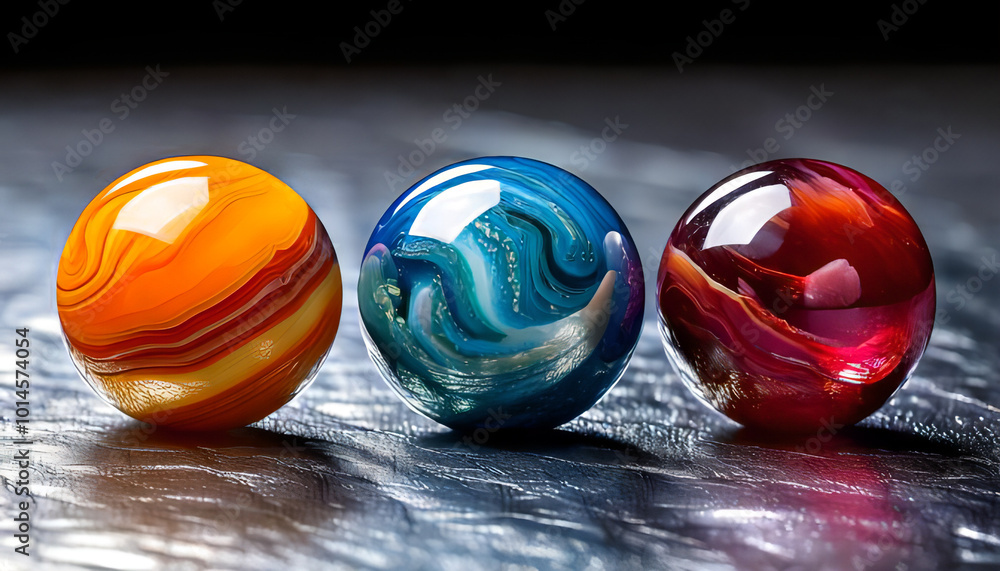 "Three intensely colored, hyper-realistic marbles roll down a ...