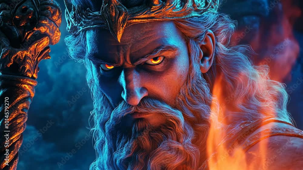 A close-up of Poseidon, Greek God of the Sea, with a stern expression ...