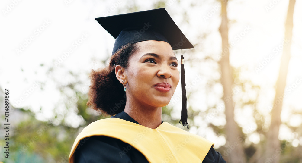 Outdoor, woman and happy for graduation at university with pride and ...