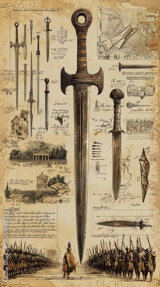 A historic illustration of swords showcasing various designs, with ...