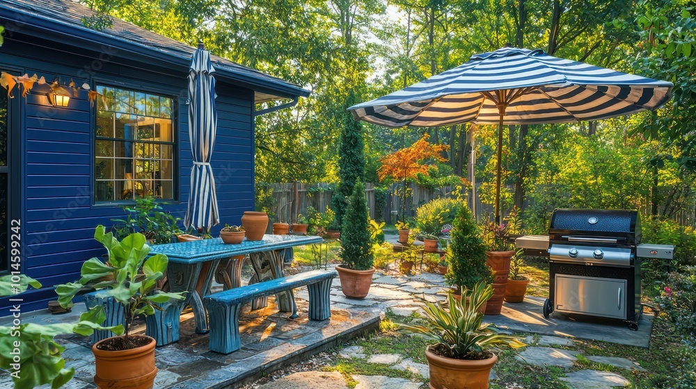 Blue house with blue vinyl siding, a garden patio with a ceramic dining ...