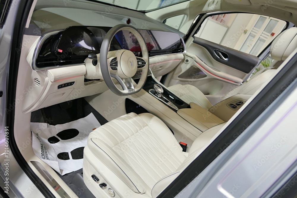 Interior of modern chinese PHEV luxurious minivan Voyah Dream, visible ...