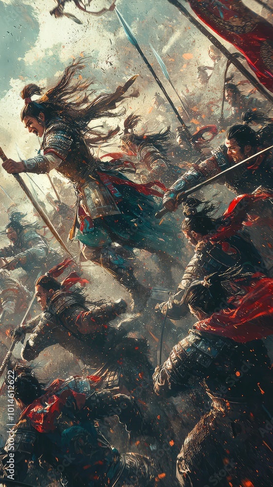 Epic battle scene depicting a warrior leading troops into combat ...