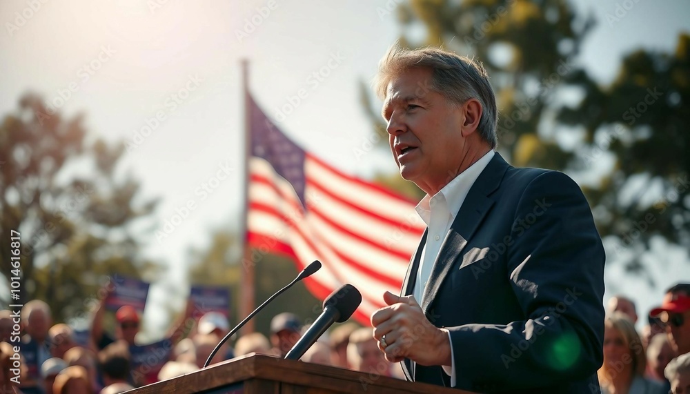 An older male politician in formal attire delivering a speech on a ...