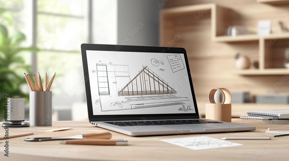 Laptop displaying a CAD drawing of a structural design, with notes and ...