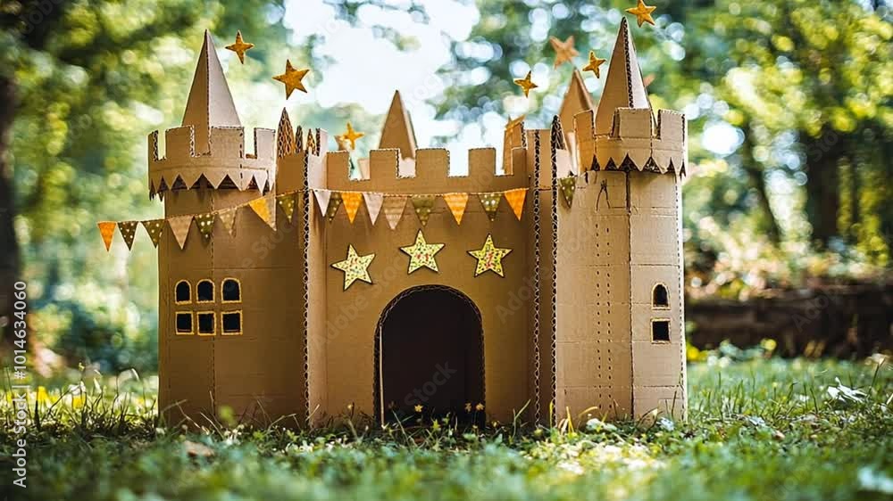 cardboard play castle set in an outdoor garden. The castle features two ...