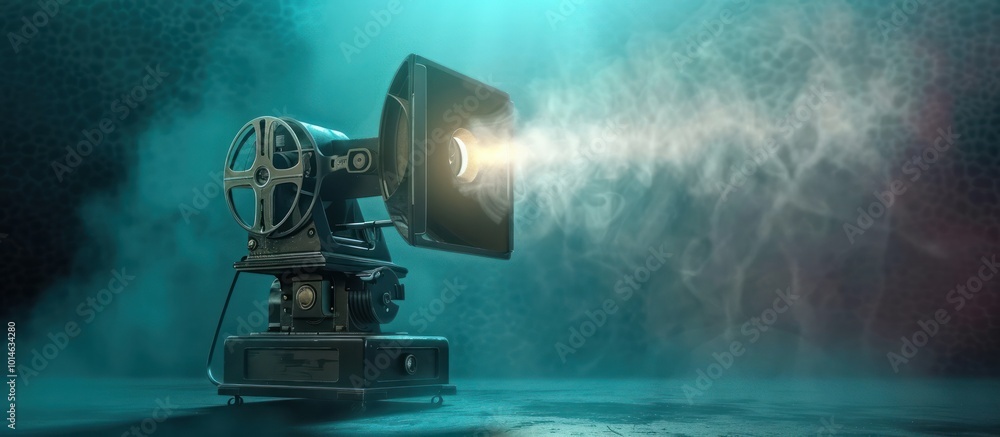 Vintage film projector casting dramatic moody lighting in a mystical ...
