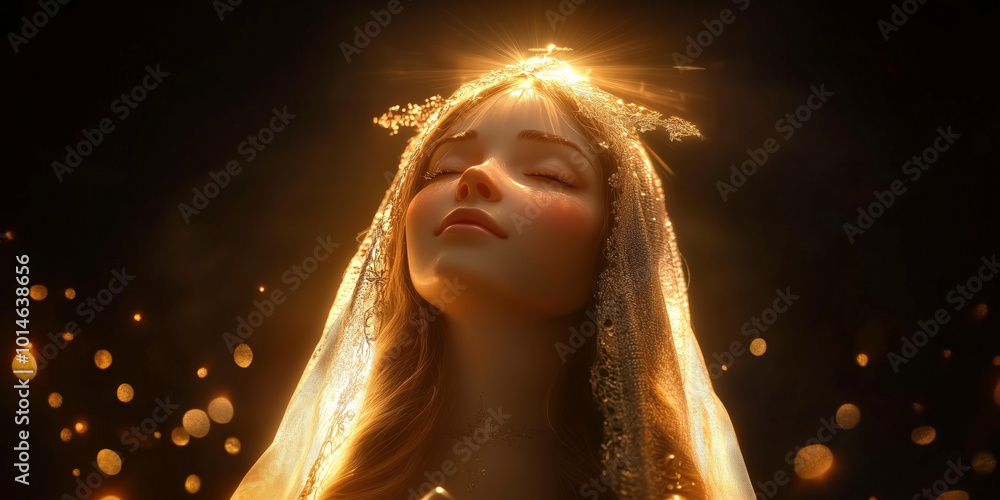 Artwork of Holy Mary, Mother of God, with a gentle expression, bathed ...