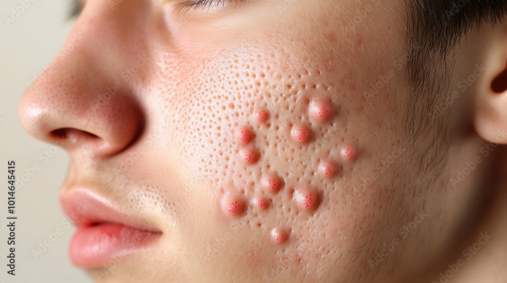 Extreme close-up of a person's face showcasing the raised, red bumps ...
