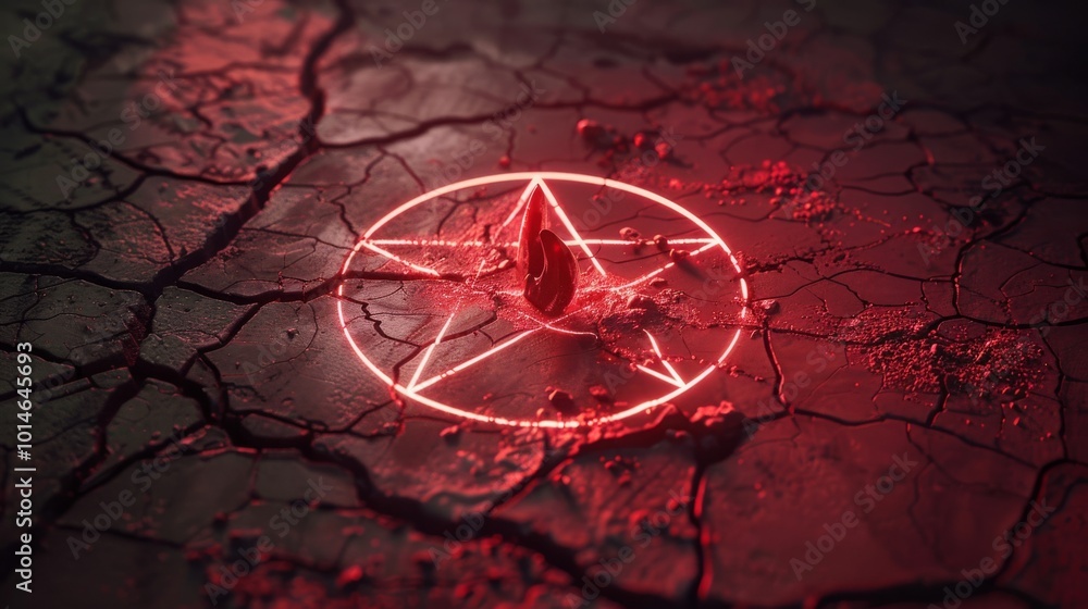 A glowing red pentagram amid cracked earth, exuding an aura of ...