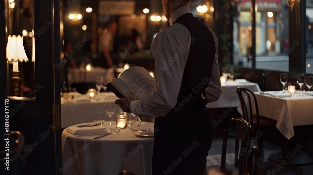 An elegant restaurant setting with a waiter engrossed in a menu amidst ...