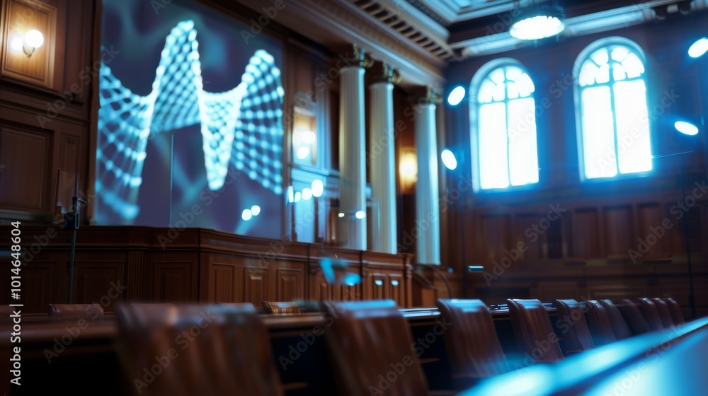 Sunlight beams through grand windows in a courtroom, highlighting ...